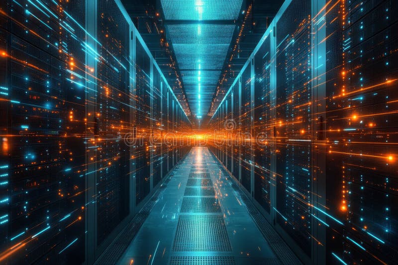 Data Center Illuminated by Vibrant Light Beams Creating a Dynamic and ...