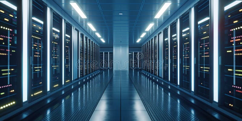 Data Center Infrastructure in a Futuristic Room with Rows of Server ...