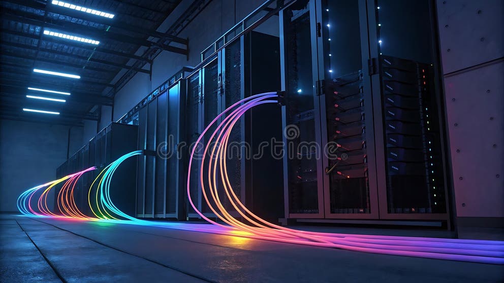 Data Center Infrastructure: Illuminated Cables Connecting Server Racks for Modern Technology and ...