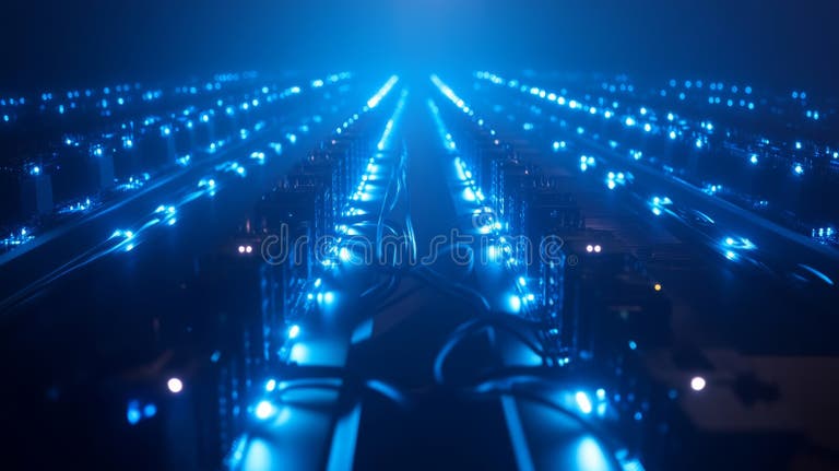 Data Center Infrastructure Rows of Blue Lit Servers and Cables Powering ...