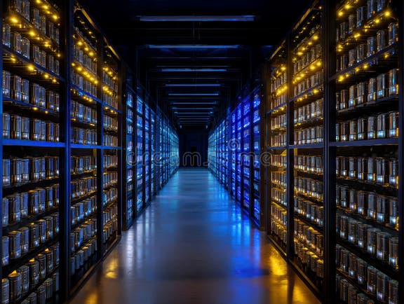 Data Center Interior with Battery Cells and Server Racks, Blueyellow ...