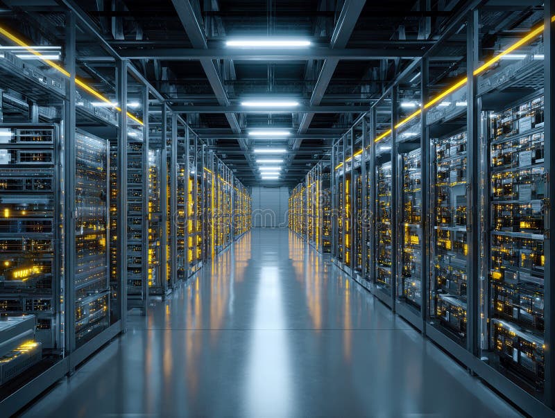 Data Center Interior with Battery Storage System and Server Racks Rows ...