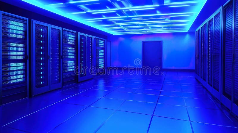 Data Center Interior with Blue Lighting and Server Racks at Night Stock ...
