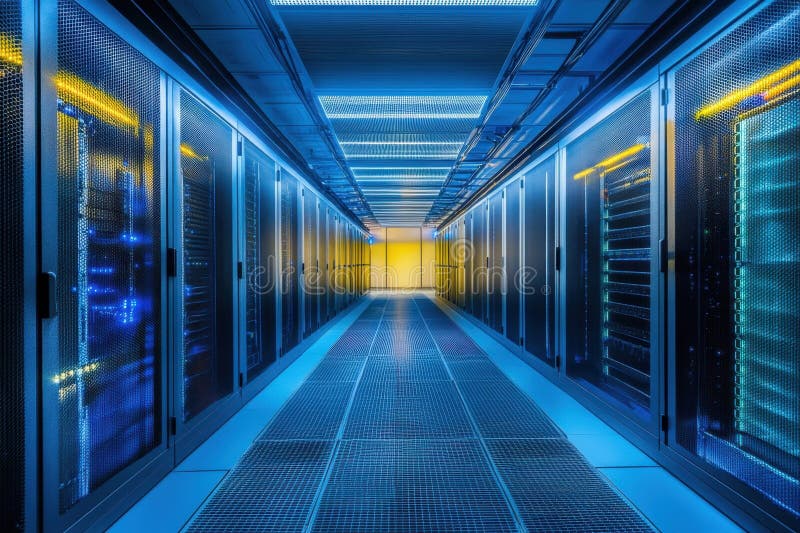 Data Center Interior with Illuminated Racks and Blue Lighting ...