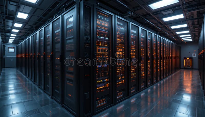 A Data Center Interior with Multiple Rows of Server Racks Generated ...