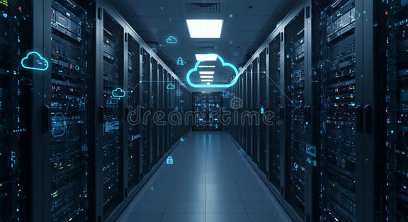 A Data Center Interior with Rows of Server Racks Lining a Central Aisle ...
