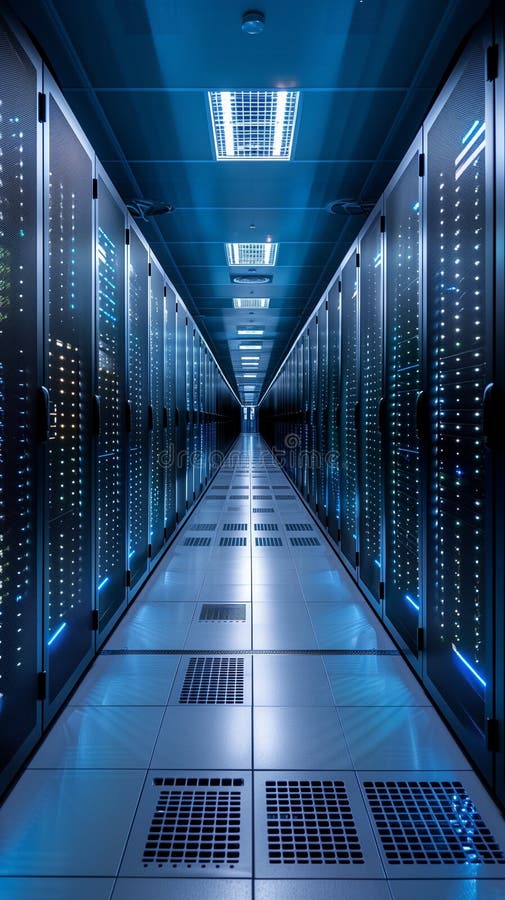 Data Center Interior with Rows of Servers and Advanced Cooling Systems ...