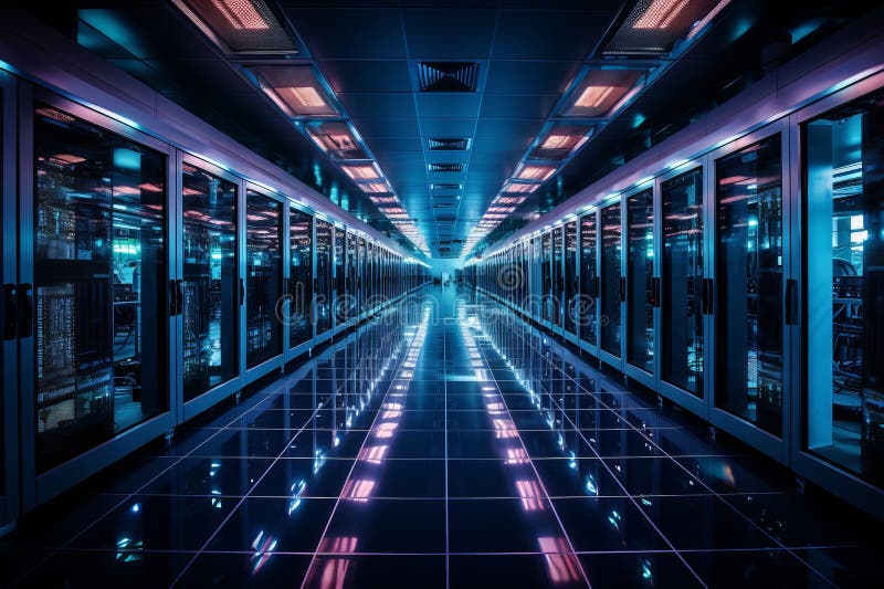 Data Center Interior with Rows of Servers and Advanced Cooling Systems ...