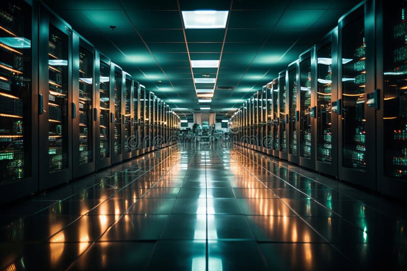 Data Center Interior with Rows of Servers and Advanced Cooling Systems ...
