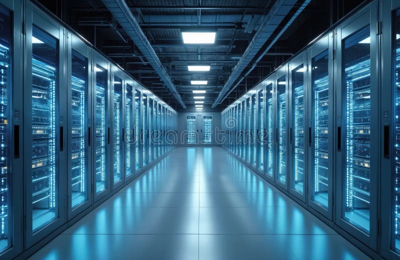 Data Center Interior with Server Racks. Modern Tech Infrastructure ...