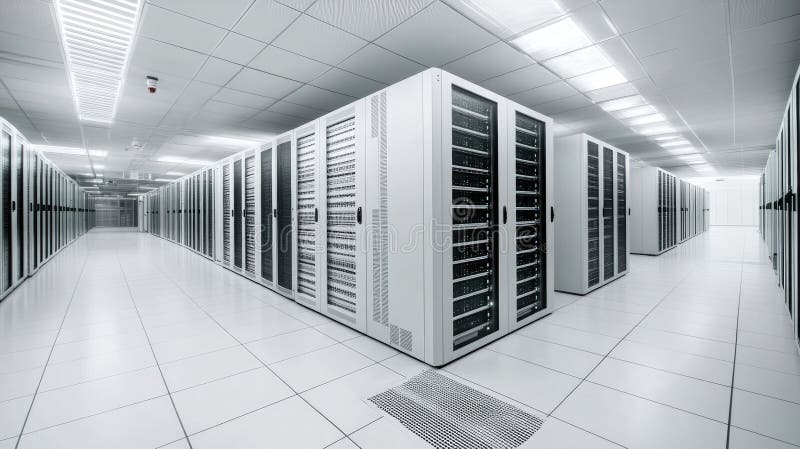 Data Center Interior Showcasing Rows of Server Racks and Bright ...