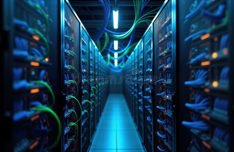 Data Center Interior Shows Organized Server Racks with Many Cables ...