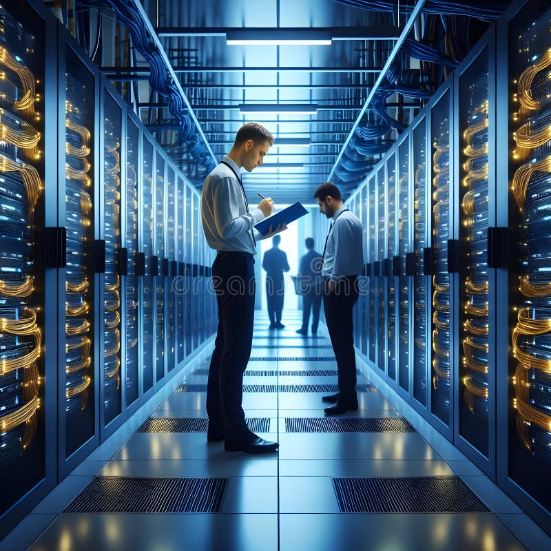Data Center Interior, Technicians in White Shirts Examine Server Racks ...