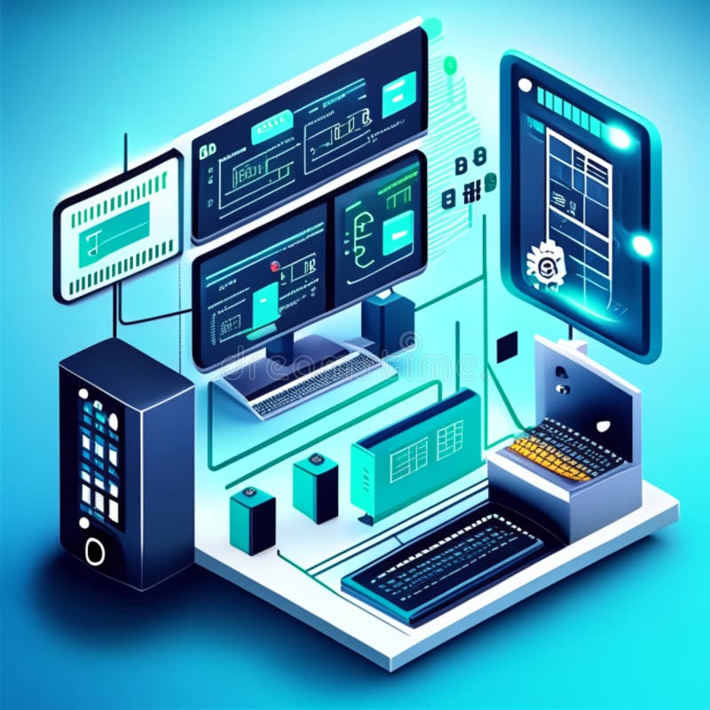 Data Center Isometric Composition with Computer and Mobile Devices on Blue Background Vector ...
