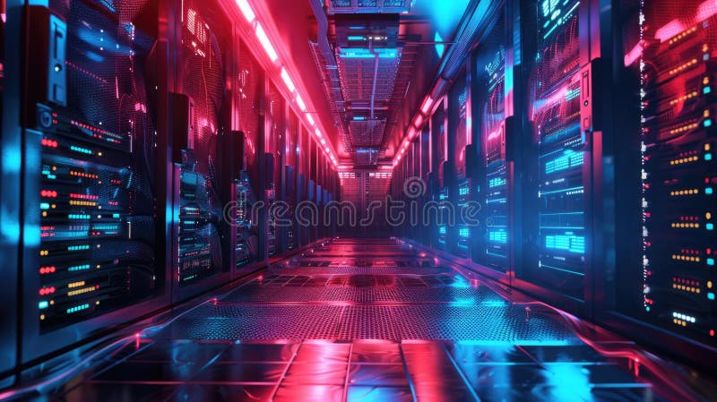 Data Center with LED Lights. Network Server Room with Racks Stock ...