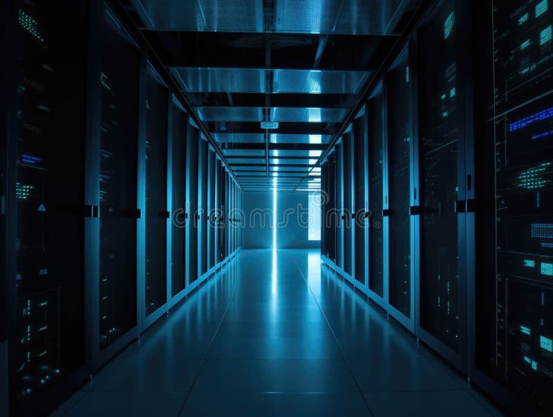 A Data Center Lit Up in an Eerie Blue Light As AI Scans for Anomalies ...