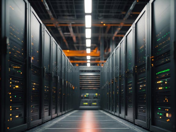 Data Center. a Long Corridor of Server Racks in a Dark and Illuminated ...