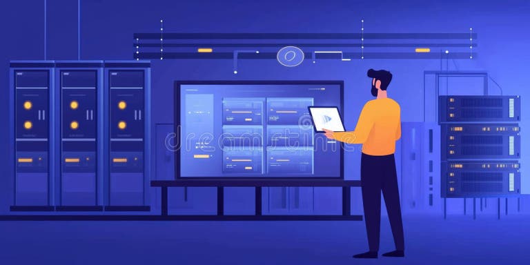 Data Center Management with Digital Interface and Server Racks in Blue ...