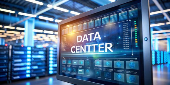 Data Center Monitor Display with Server Racks in Background, Cloud Computing, Network ...