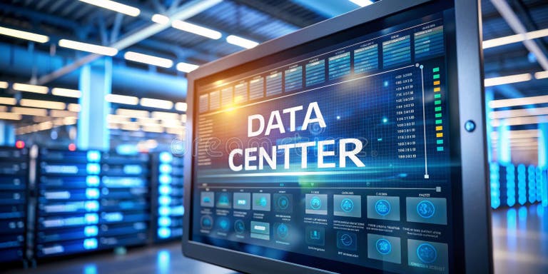 Data Center Monitor Display with Server Racks in Background, Cloud Computing, Network ...