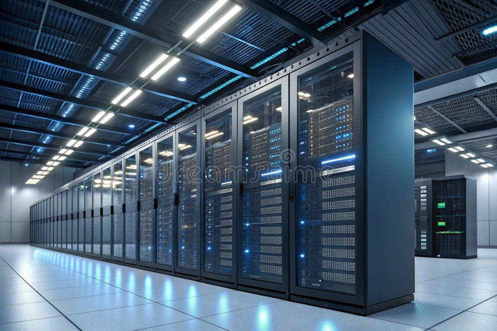 Data Center with Multiple Rows of Fully Operational Server Racks ...