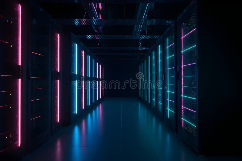 Data Center with Multiple Rows of Fully Operational Servers in Cyan ...