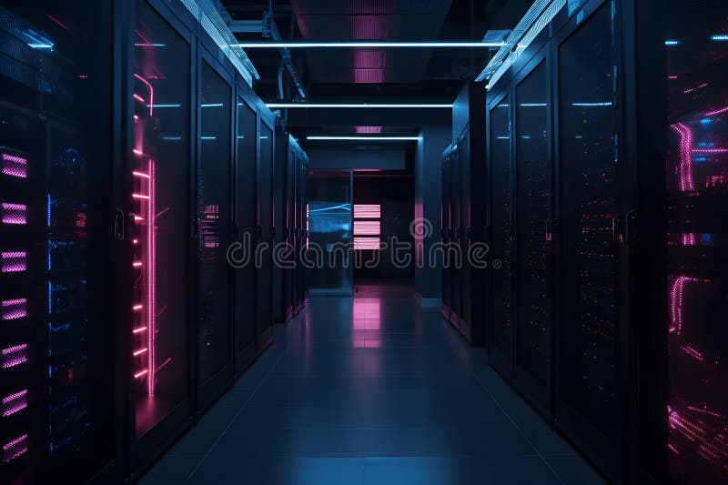 Data Center with Multiple Rows of Fully Operational Servers in Cyan ...