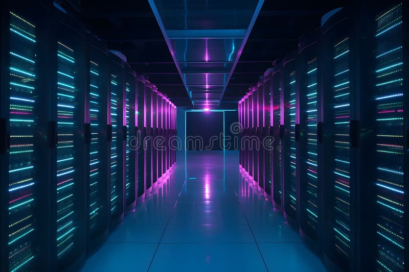 Data Center with Multiple Rows of Fully Operational Servers in Cyan ...