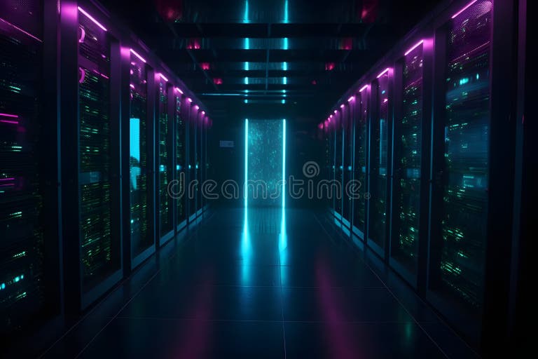 Data Center with Multiple Rows of Fully Operational Servers in Cyan ...