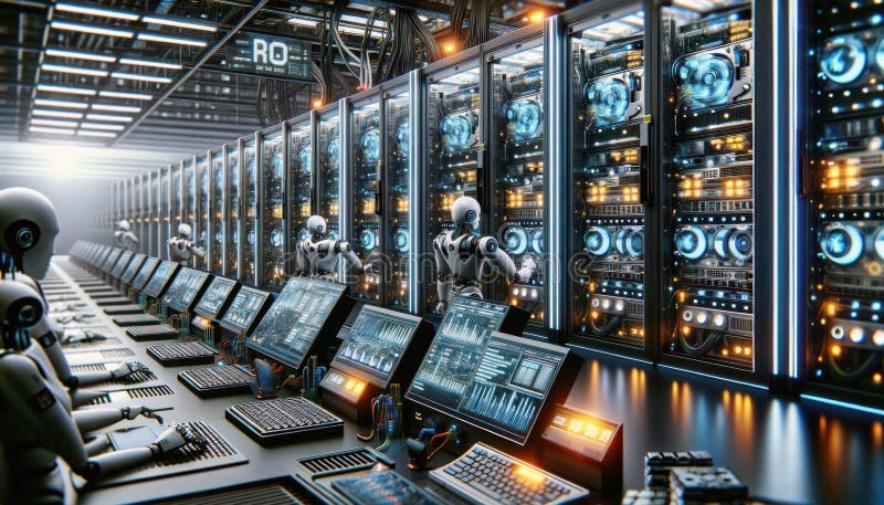 Data Center, Multiple Rows of Operational Server Racks, Concept of Cloud Computing, Artificial ...