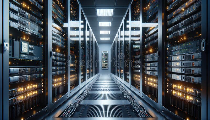 Data Center, Multiple Rows of Operational Server Racks, Concept of ...