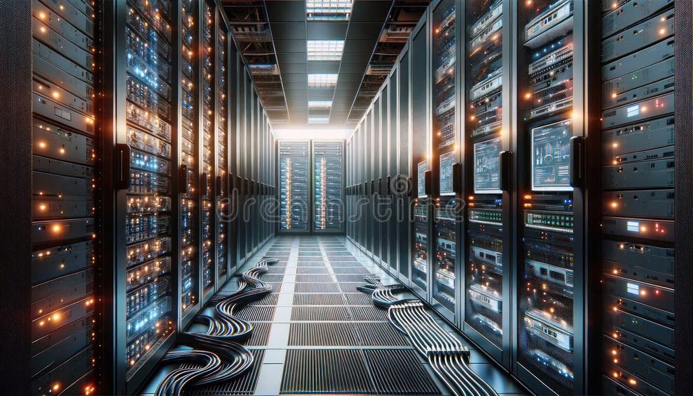 Data Center, Multiple Rows of Operational Server Racks, Concept of Cloud Computing, Artificial ...