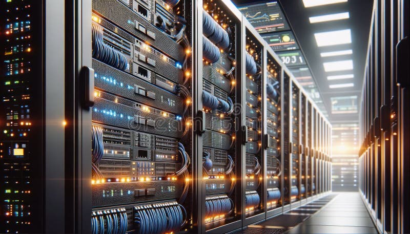 Data Center, Multiple Rows of Operational Server Racks, Concept of Cloud Computing, Artificial ...