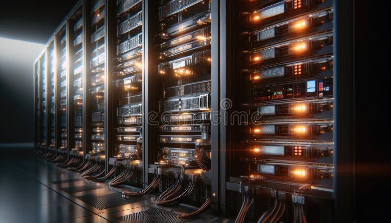 Data Center, Multiple Rows of Operational Server Racks, Concept of Cloud Computing, Artificial ...