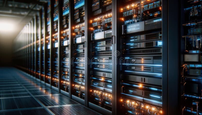 Data Center, Multiple Rows of Operational Server Racks, Concept of Cloud Computing, Artificial ...