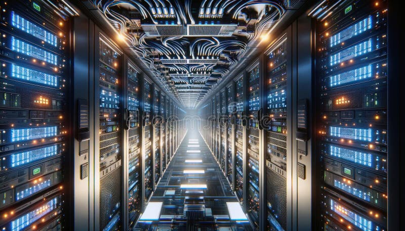 Data Center, Multiple Rows of Operational Server Racks, Concept of ...