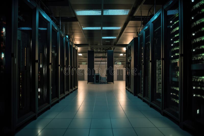 Data Center with Multiple Rows of Server Racks, Each Filled with ...
