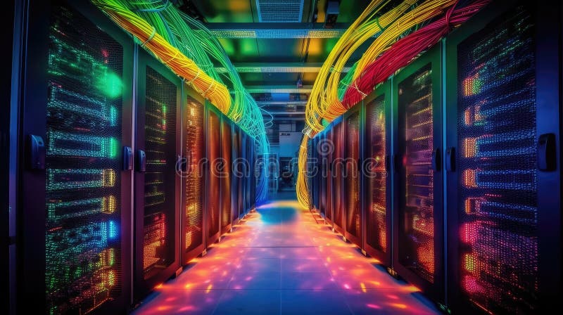 Data Center Network Cables Close Up with a Fiber Optic Background Stock ...