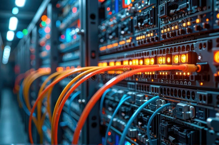 Data Center Network Cables and Server Racks with Orange and Blue ...