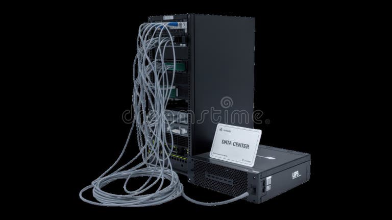 Data Center Network Server Rack with Ups and Tangled Cables on ...