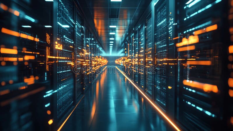 Data Center with Orange and Blue Glowing Lights in a High-tech ...