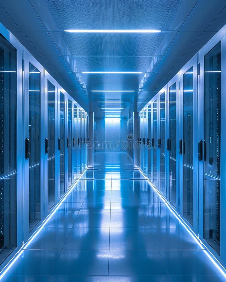 Data Center Powered by Renewable Energy, Rows of Servers, Cool Blue ...