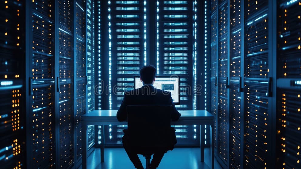 Data Center with Professional Working on Computer, Illuminated Servers ...