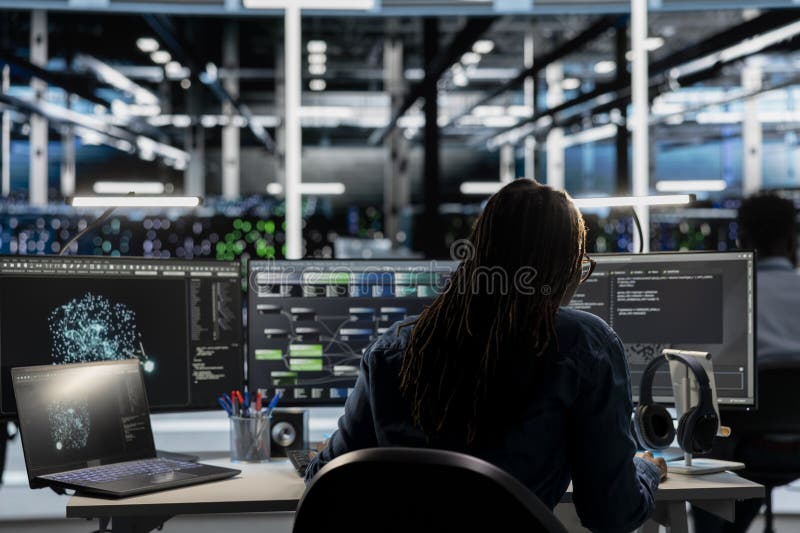 Data Center Programmer Uses AI Visual Programming Technology To Oversee Tasks Stock Photo ...