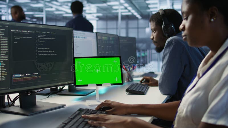 Data Center Programmer Using Mockup Tablet Maintaining Company Network