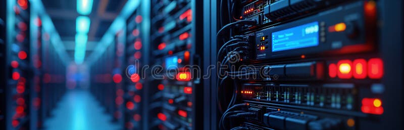 Data Center Rack with Many Servers, Network Cables. High-tech Tech ...