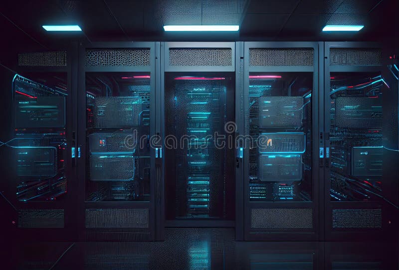 Data Center. Racks with Servers. Long Corridor. Glowing Light Bulbs ...