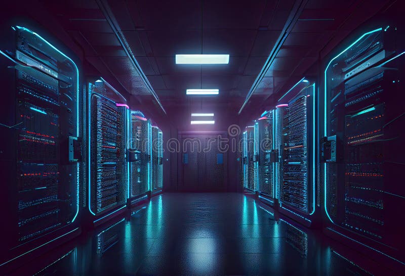 Data Center. Racks with Servers. Long Corridor. Glowing Light Bulbs ...