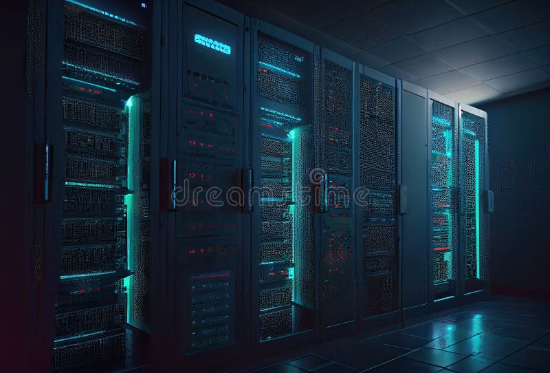 Data Center. Racks with Servers. Long Corridor. Glowing Light Bulbs ...