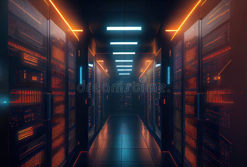 Data Center. Racks with Servers. Long Corridor. Glowing Light Bulbs ...